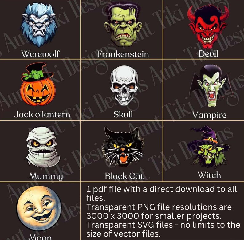 Retro Halloween Clipart, Black Cat, Vampire, Pumpkin, Werewolf, Mummy ...