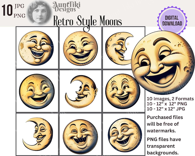 Retro Style Moons, Moon Clipart, Full Moon, Moons With Faces, Retro ...