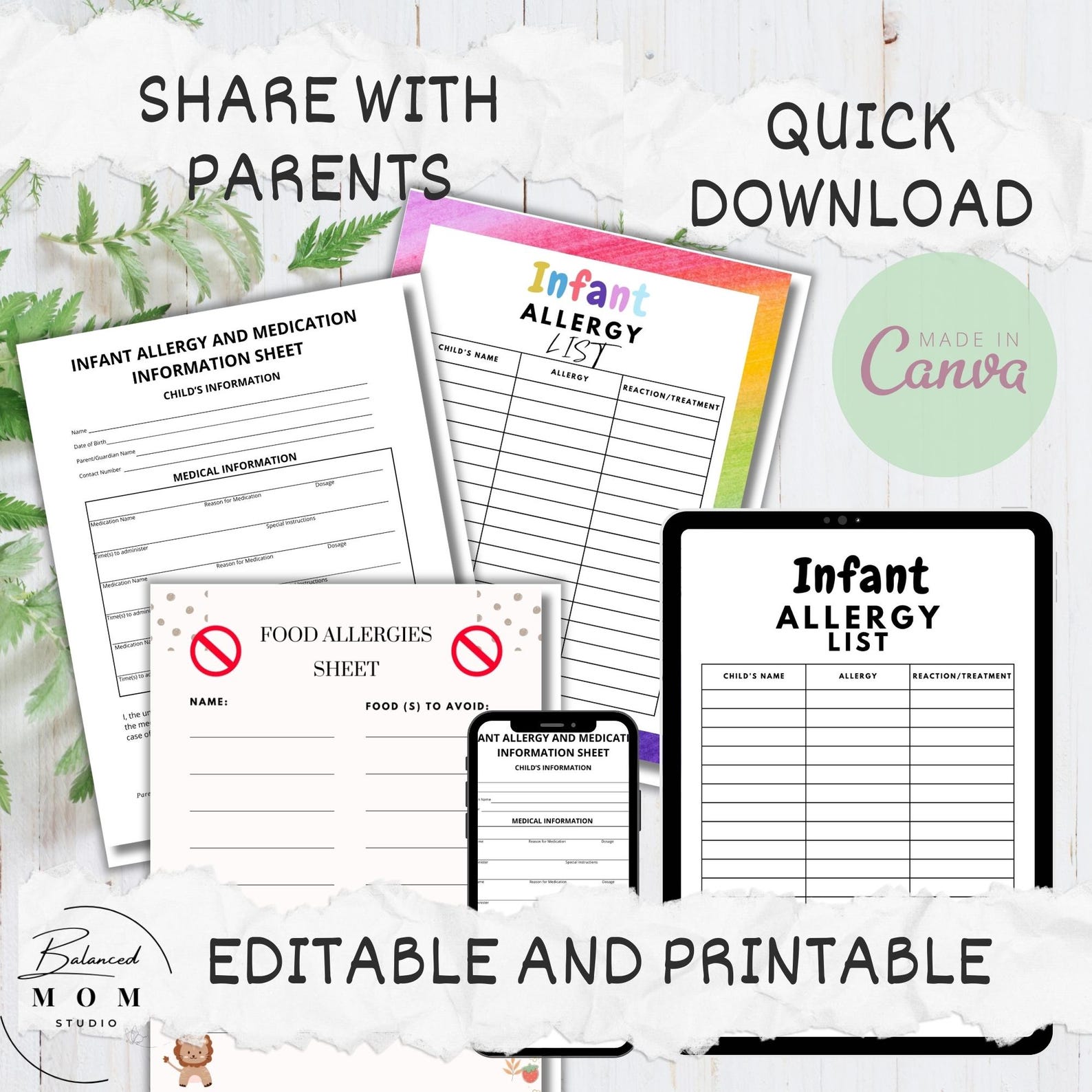 Infant Allergy Sheets | 4 Printable Pages Including Medication ...