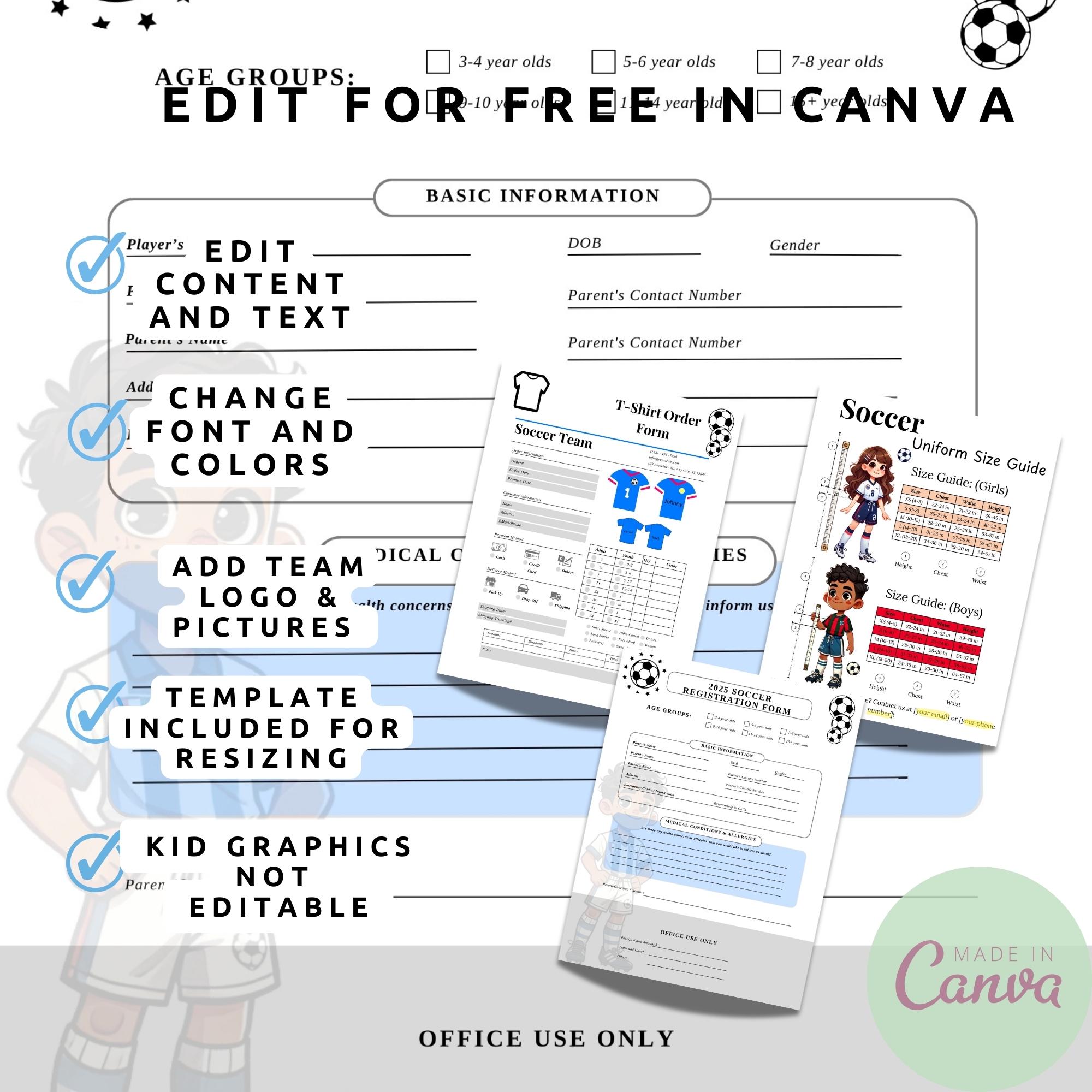Editable Soccer Registration & Uniform Order Form (canva Template) - Etsy