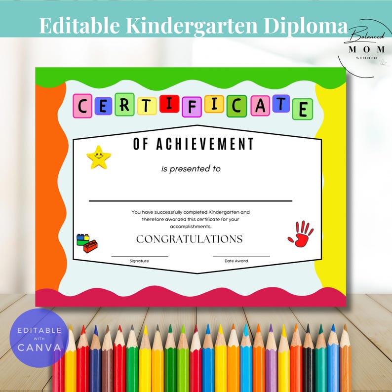 Editable Kindergarten Graduation Certificate: Canva Template (printable ...
