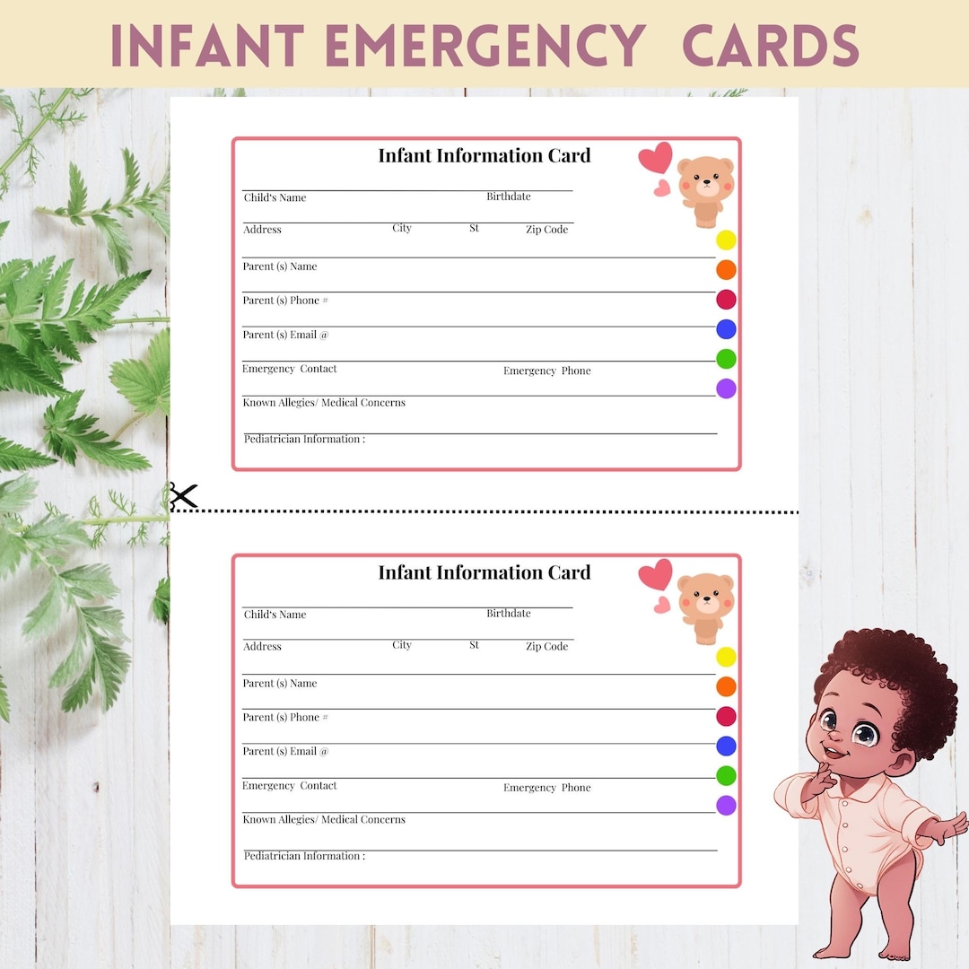 Infant Emergency Cards 6 Half-page Cards for Daycare & Parents Editable ...