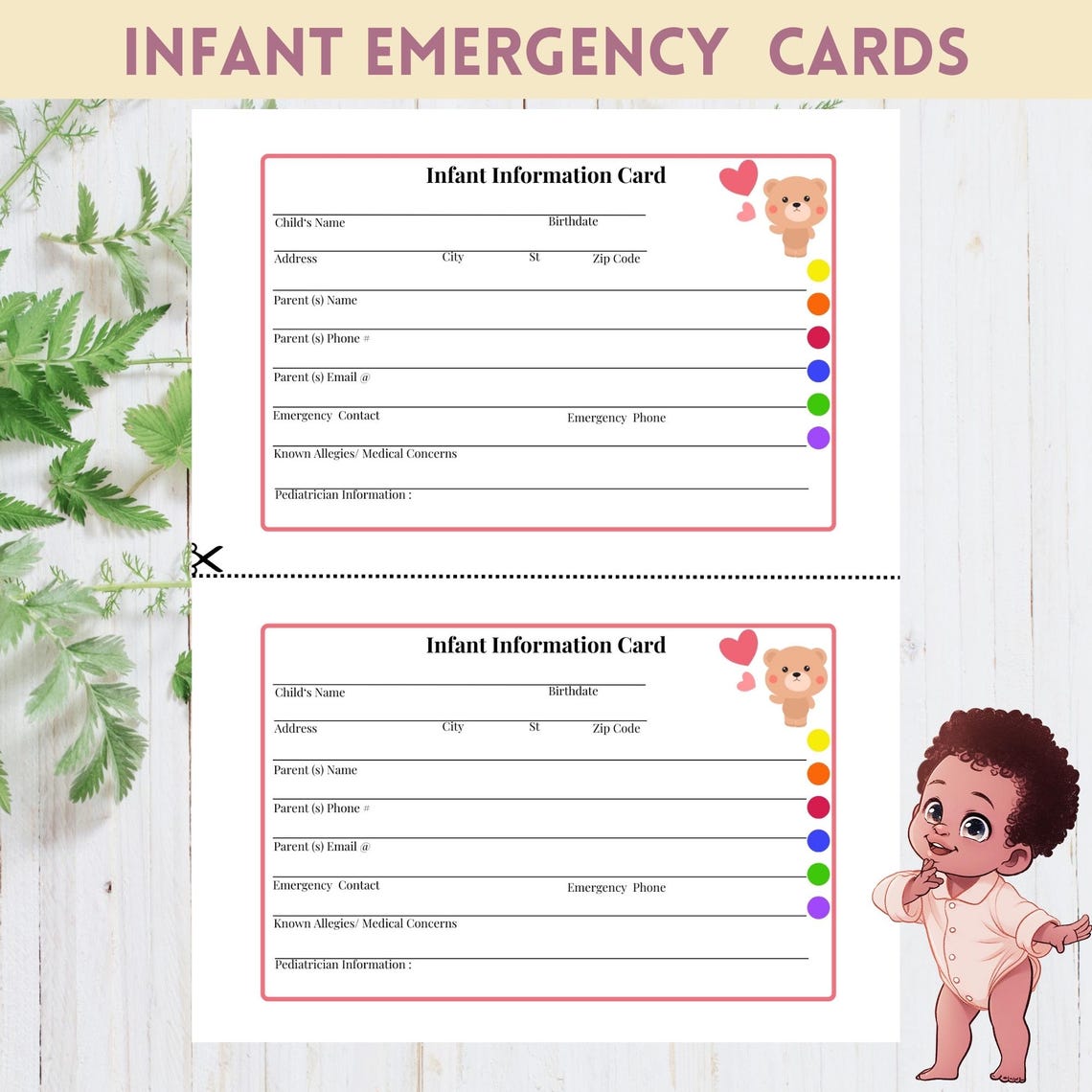Infant Emergency Cards 6 Half-page Cards for Daycare & Parents Editable ...