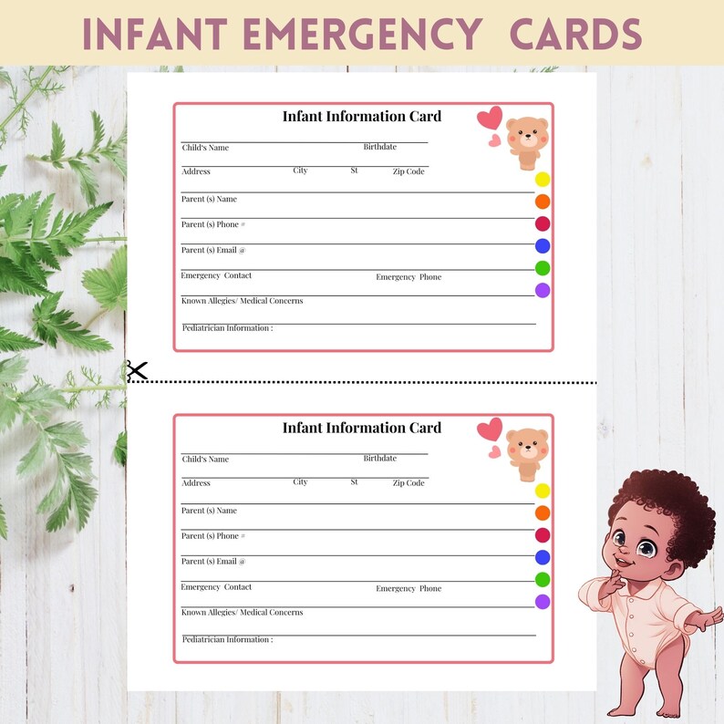 Infant Emergency Cards 6 Half-page Cards for Daycare & Parents Editable ...