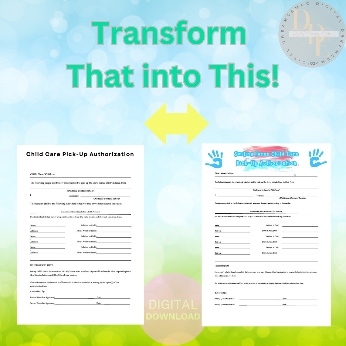 Customizable Child Care Pick-up Form keep Your Child Safe Editable ...