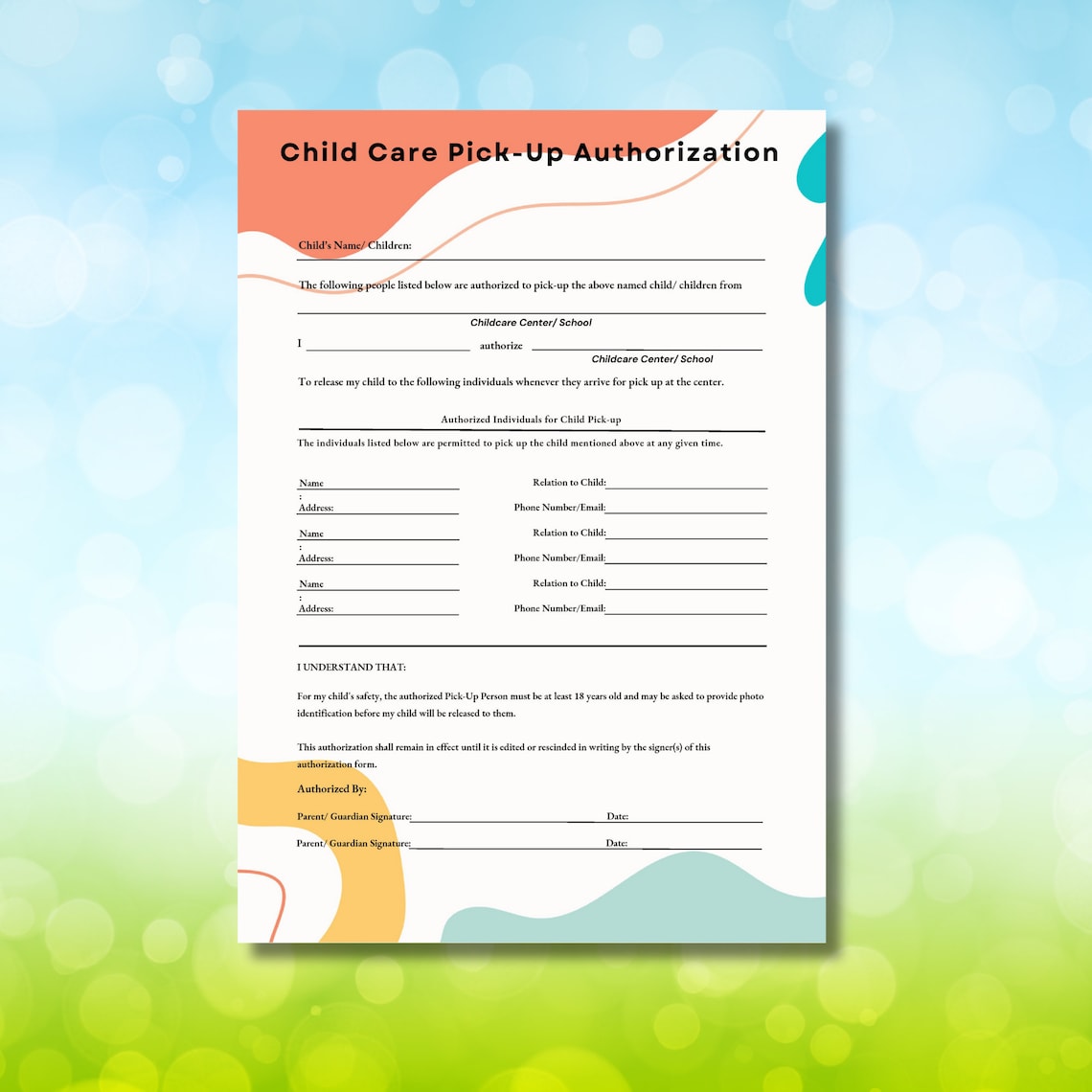 Customizable Child Care Pick-up Form keep Your Child Safe Editable ...