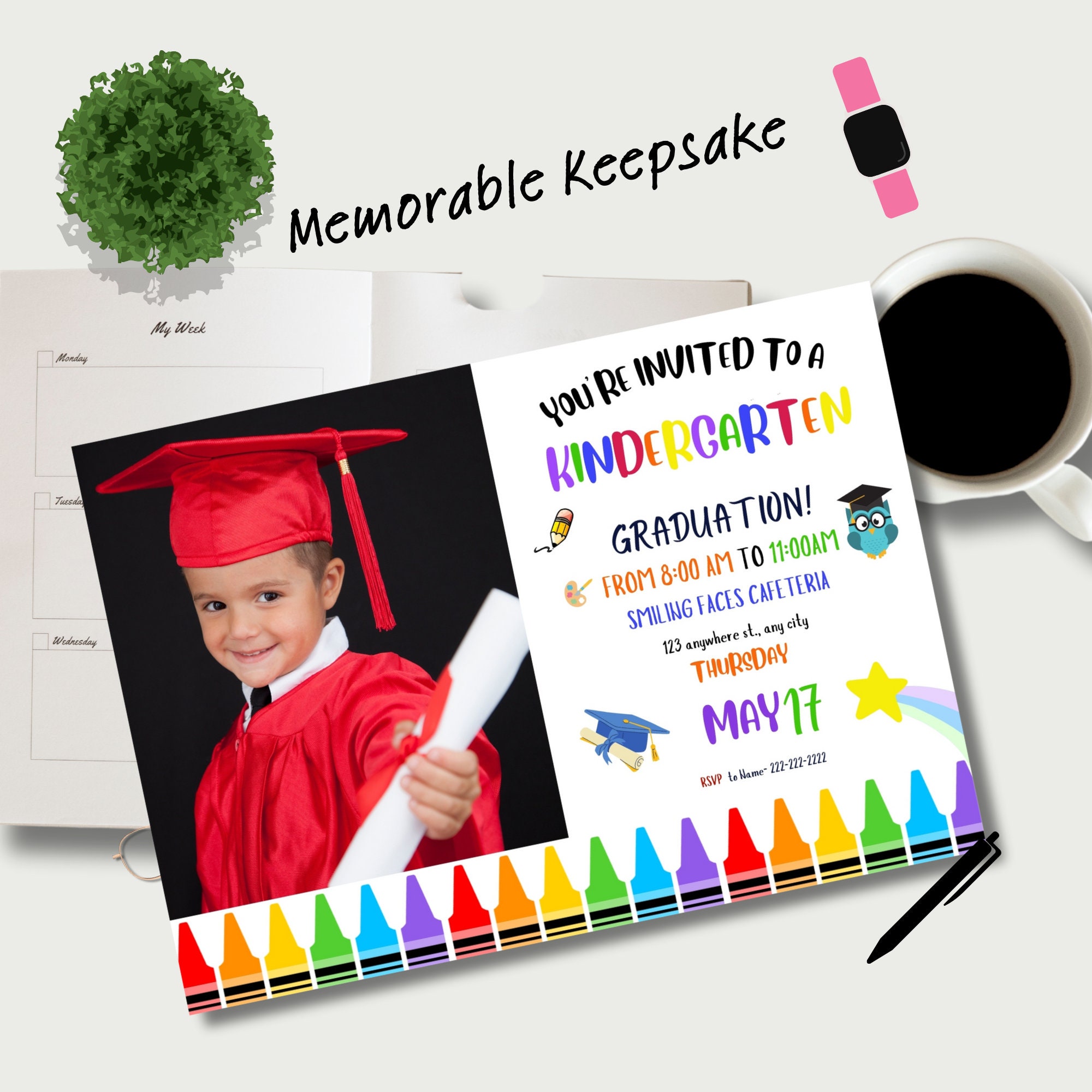 Kindergarten Graduation Photo Invitation Grad Announcement Editable ...