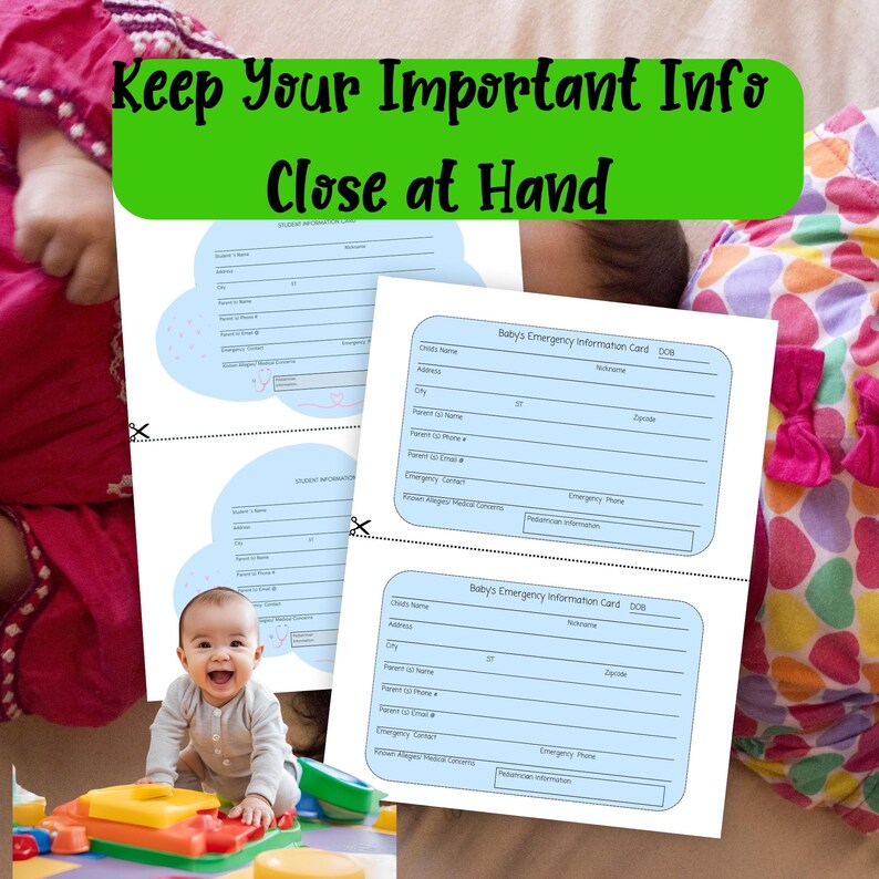 Infant Emergency Cards 6 Half-page Cards for Daycare & Parents Editable ...