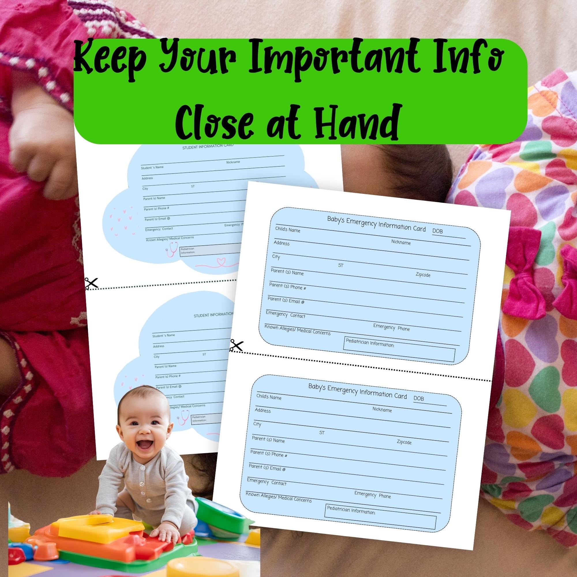 Infant Emergency Cards 6 Half-page Cards for Daycare & Parents Editable ...