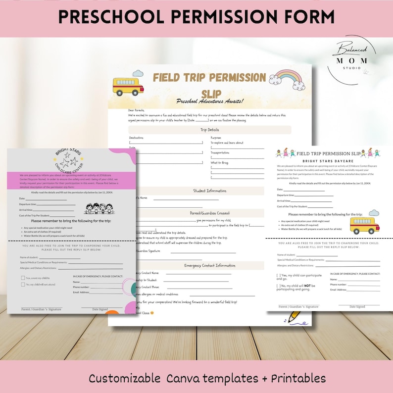 Preschool Field Trip Permission Slip Template: Editable Childcare Form ...