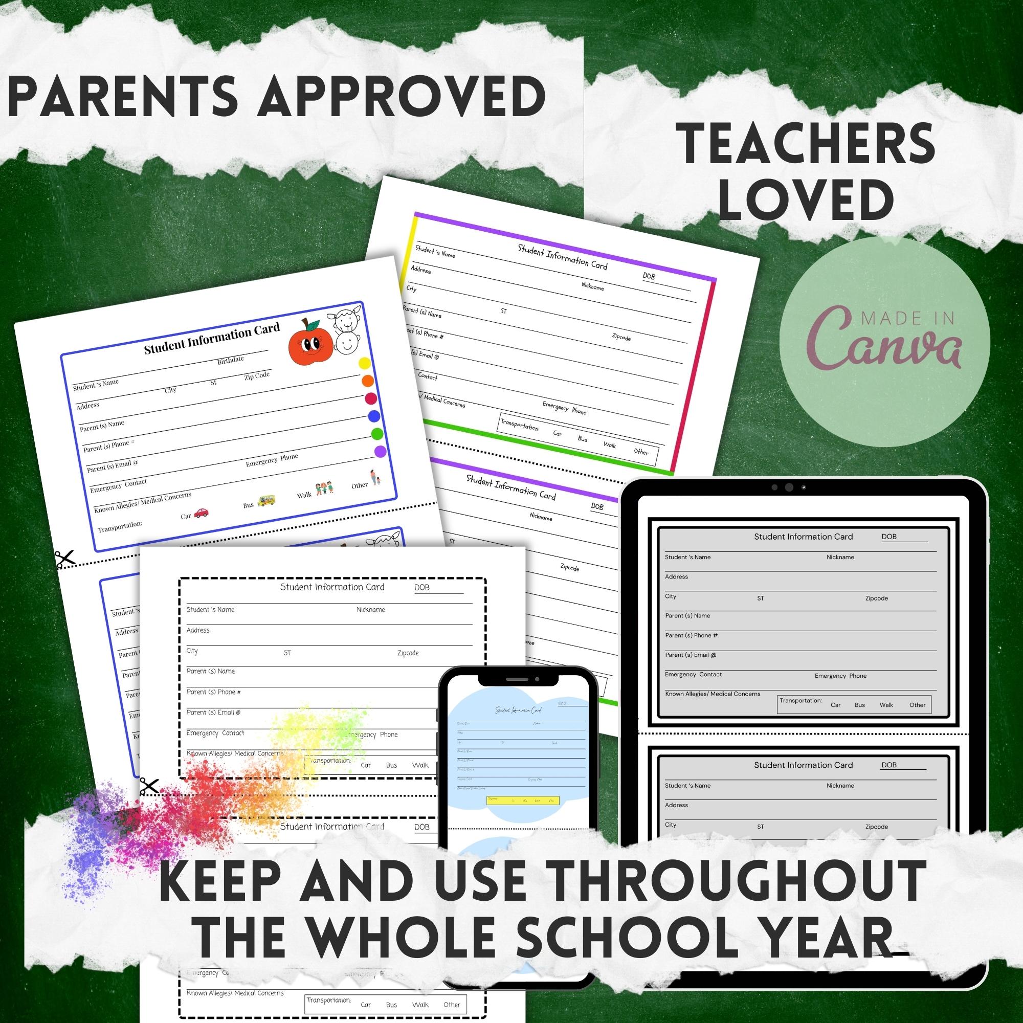 Editable Student Information Card Template: Printable Contact Forms ...