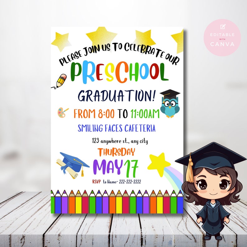 Editable Preschool Graduation Invitation Easy Customizable Canva ...