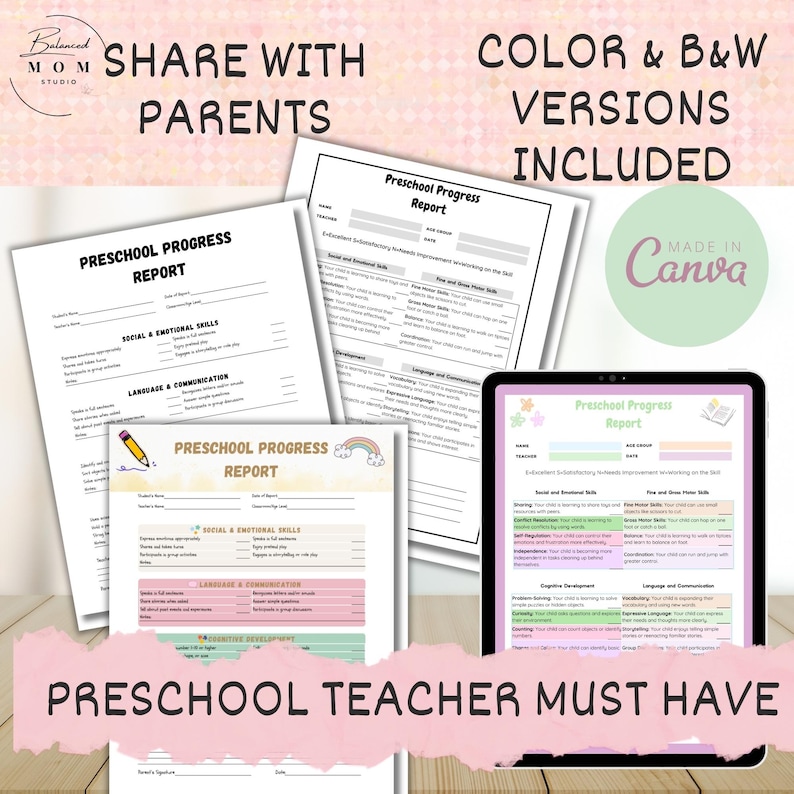 Printable Preschool Progress Report Bundle- Customizable Canva Template ...
