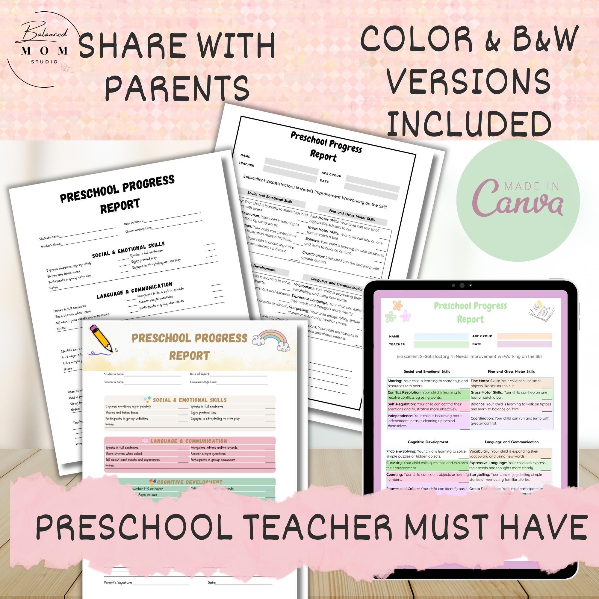 Printable Preschool Progress Report Bundle- Customizable Canva Template ...