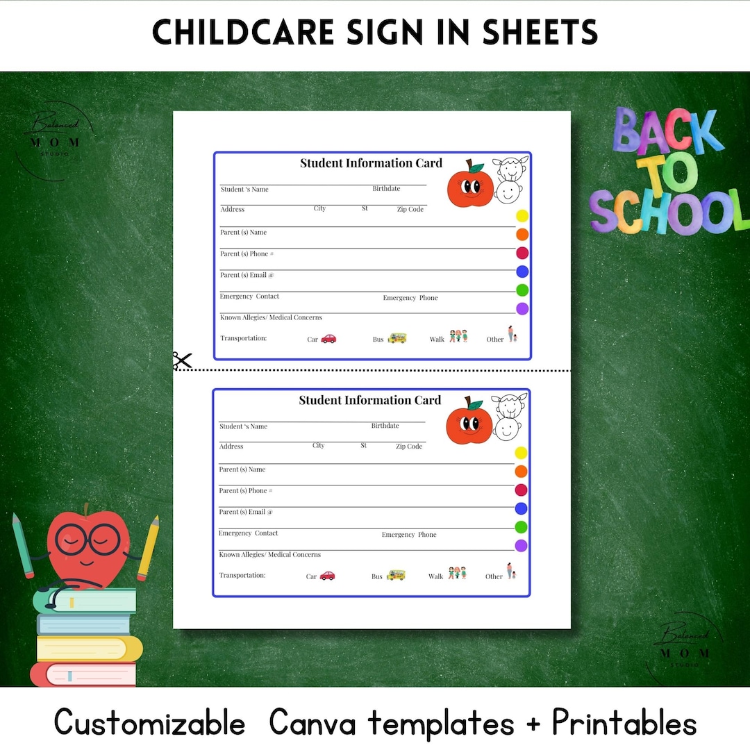 Editable Student Information Card Template: Printable Contact Forms ...