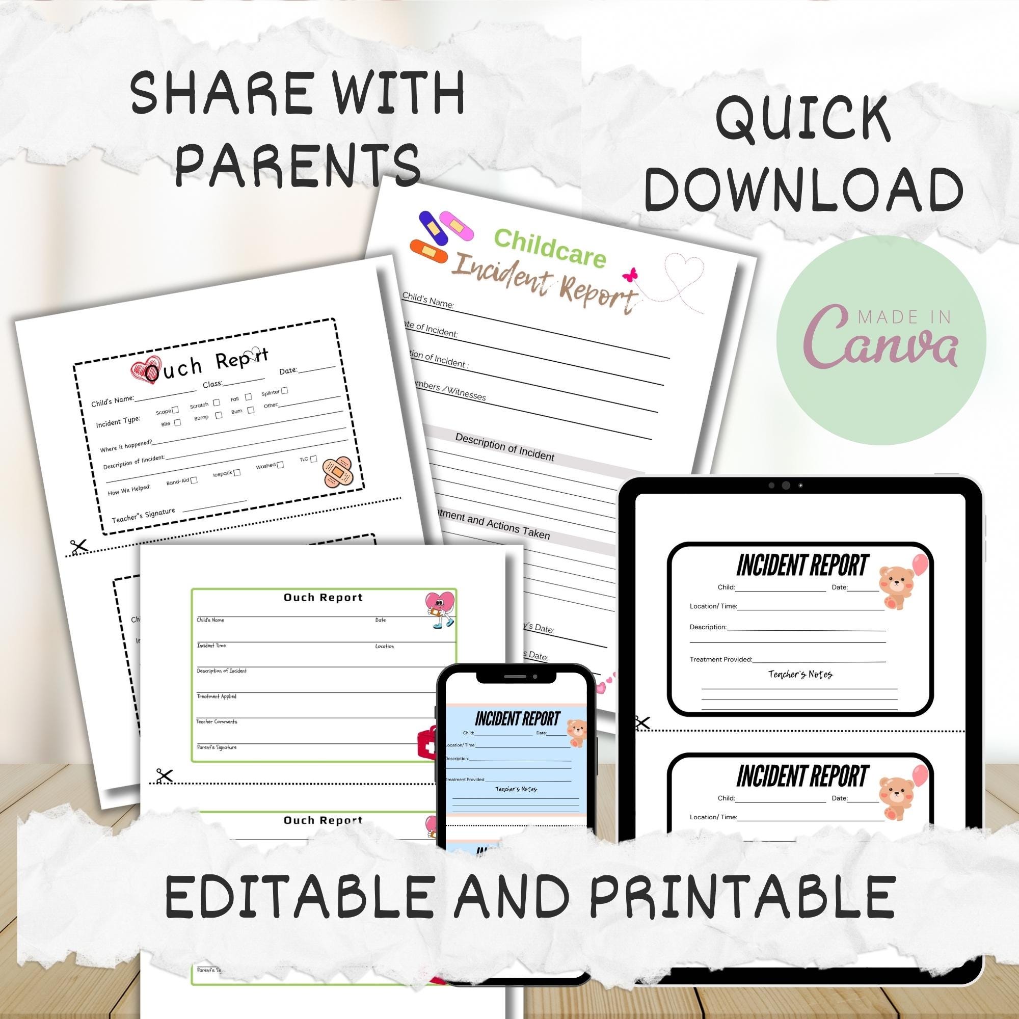 Childcare Incident Report Bundle: Editable Ouch Report Forms (printable ...