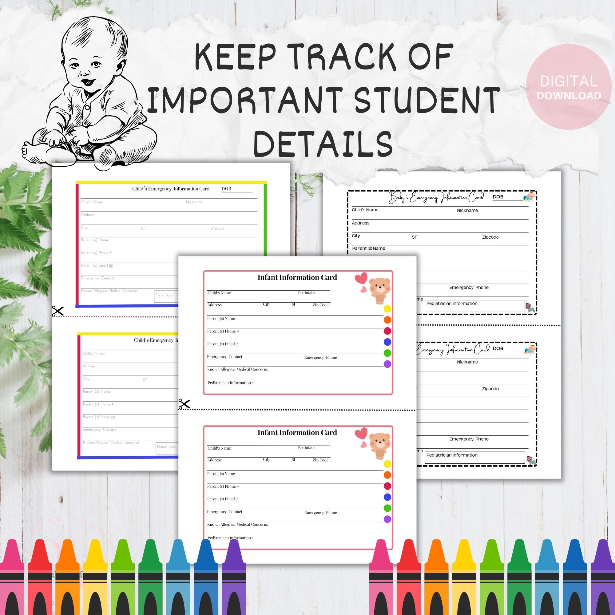 Infant Emergency Cards 6 Half-page Cards for Daycare & Parents Editable ...