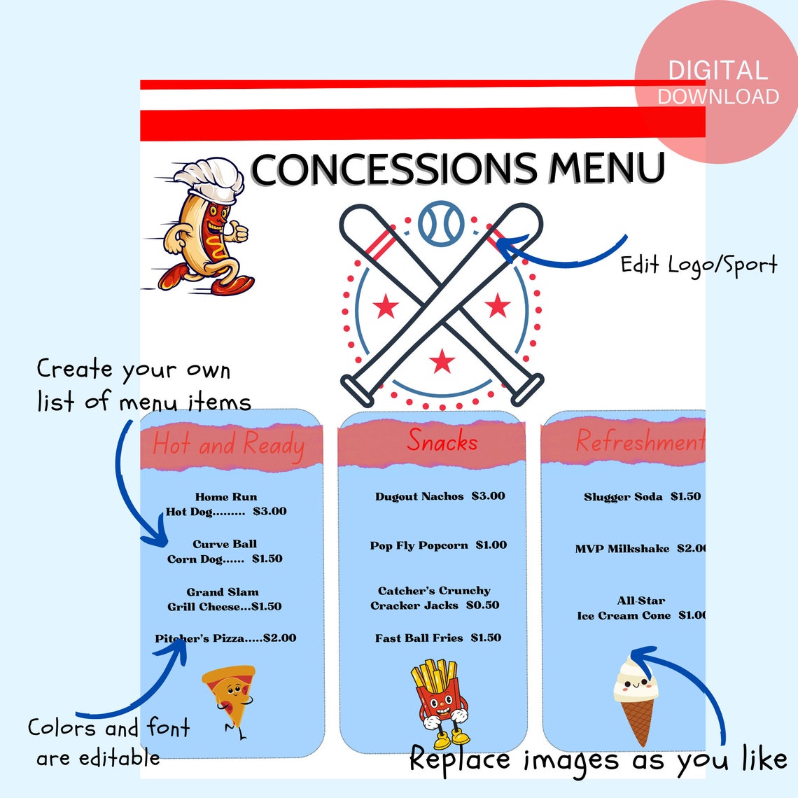 Editable Concession Stand Menu Canva Menu Template Vintage Baseball ...