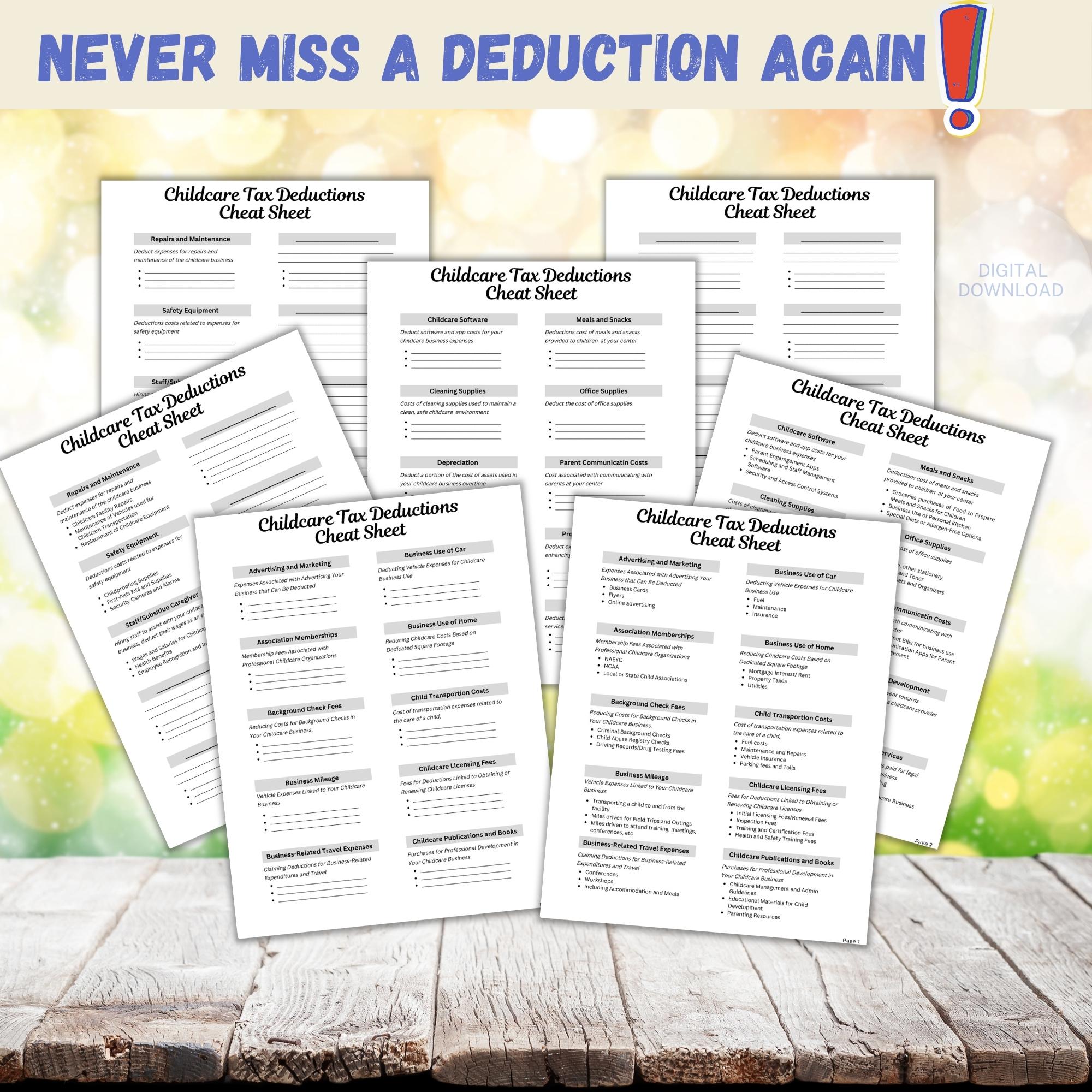 Childcare Tax Deduction Cheat Sheet: Editable & Printable PDF Template ...