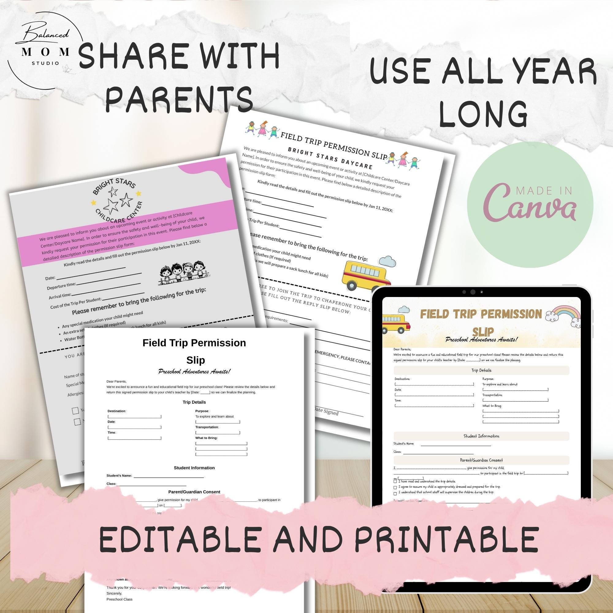 Preschool Field Trip Permission Slip Template: Editable Childcare Form ...