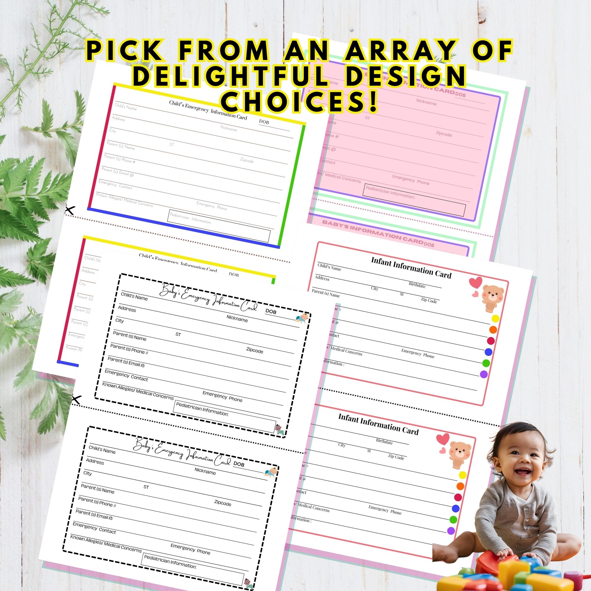 Infant Emergency Cards 6 Half-page Cards for Daycare & Parents Editable ...