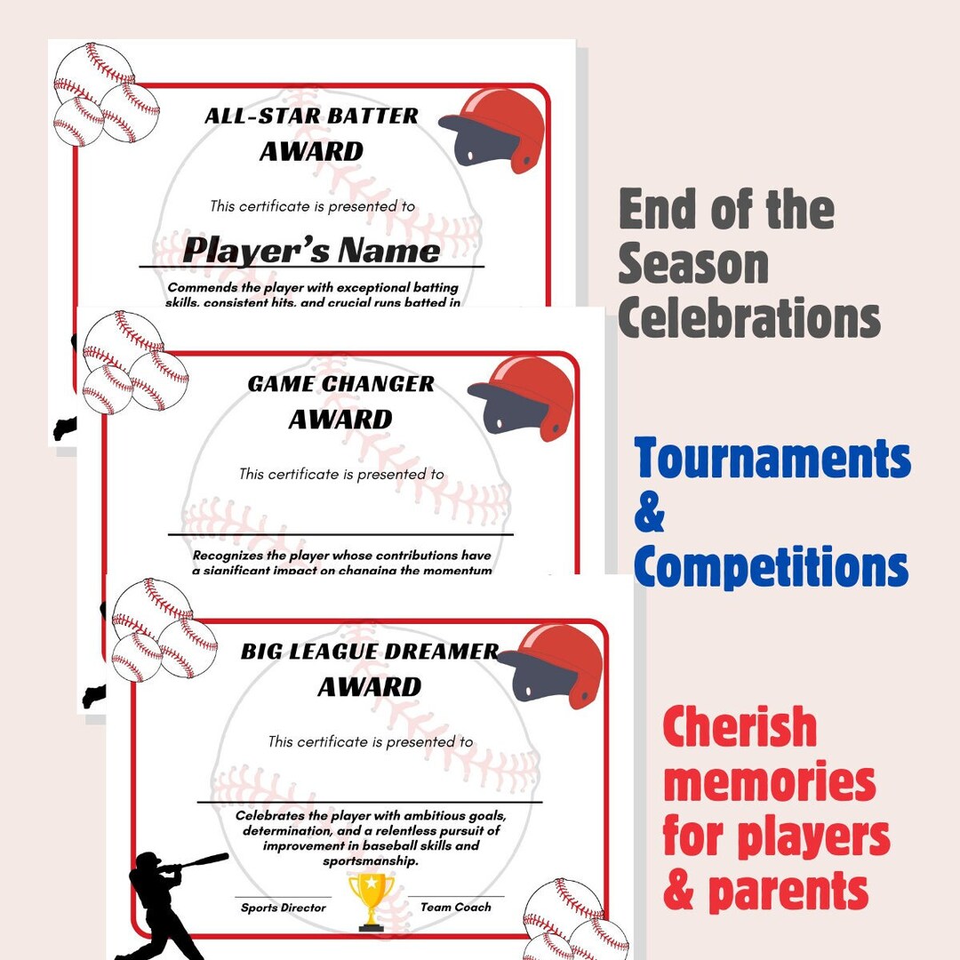 Youth Baseball Certificates Template Pack- Editable Canva Template and ...