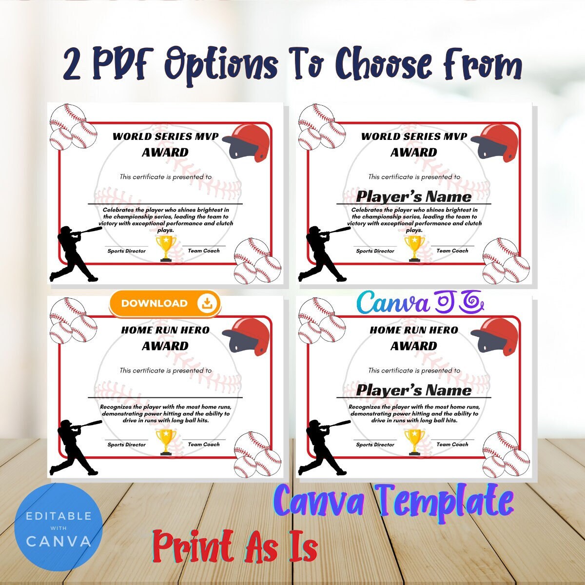 Youth Baseball Certificates Template Pack Editable Canva Template and ...