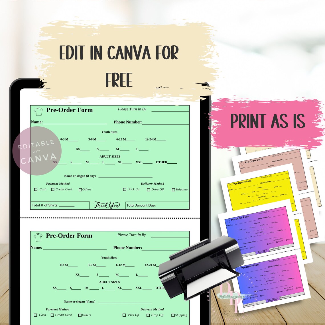 Simple Pre-order Shirt Forms | Half-page, 2 per Page | Printable and ...