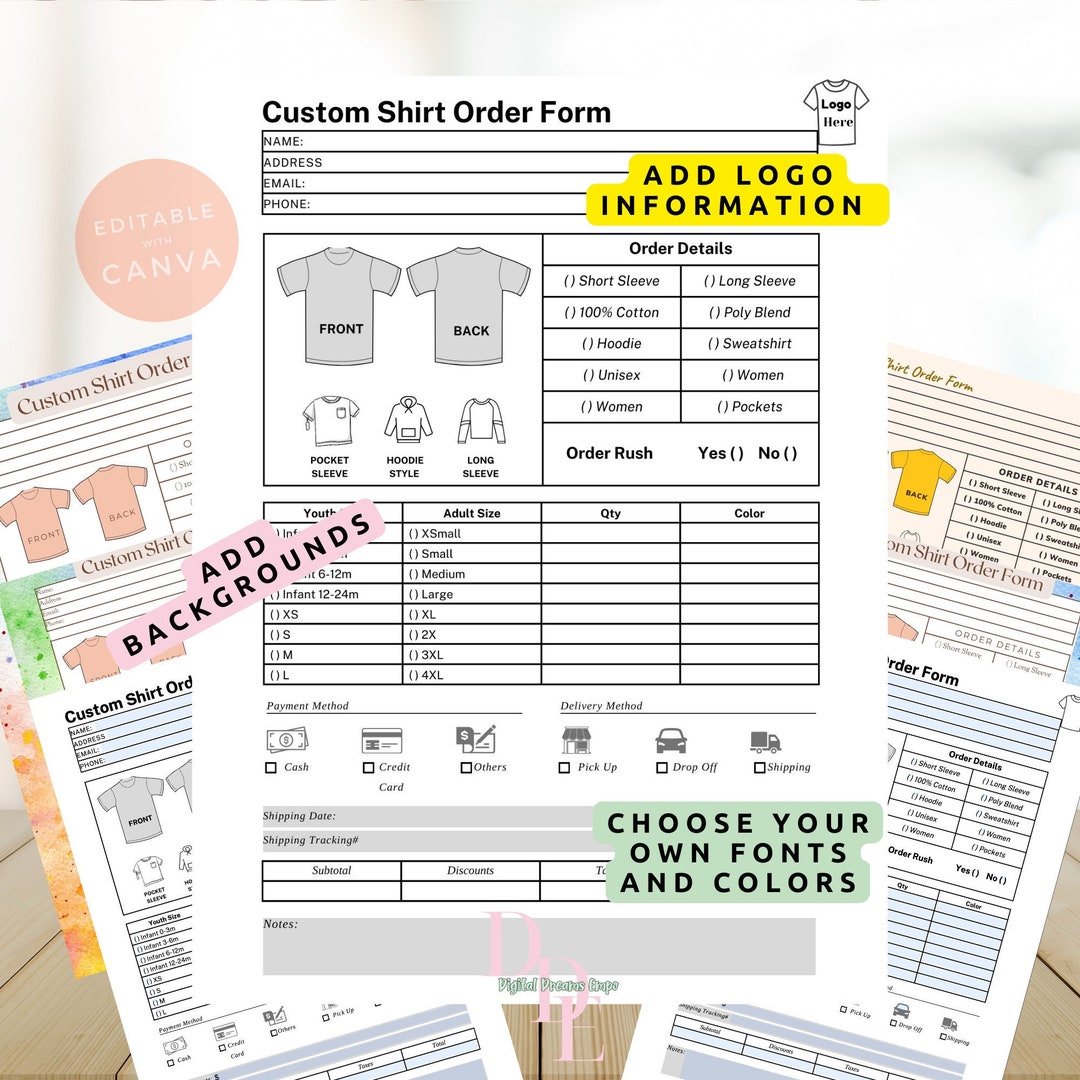 School Shirt Order Form| Small Business Forms | Printable Custom Order ...