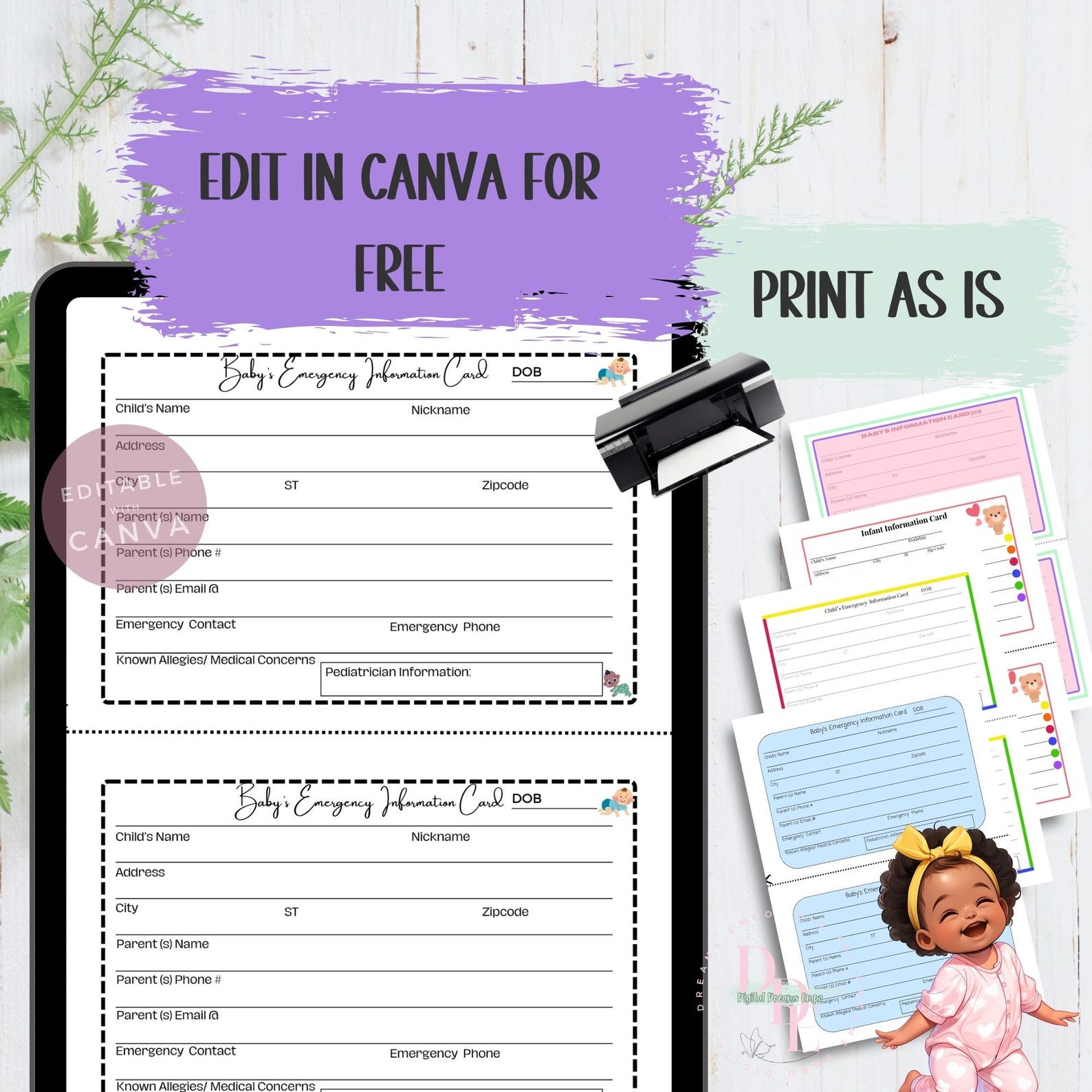 Infant Emergency Cards 6 Half-page Cards for Daycare & Parents Editable ...