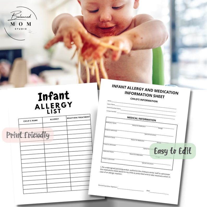 Infant Allergy Tracker: Medication Form, Editable Template (digital ...