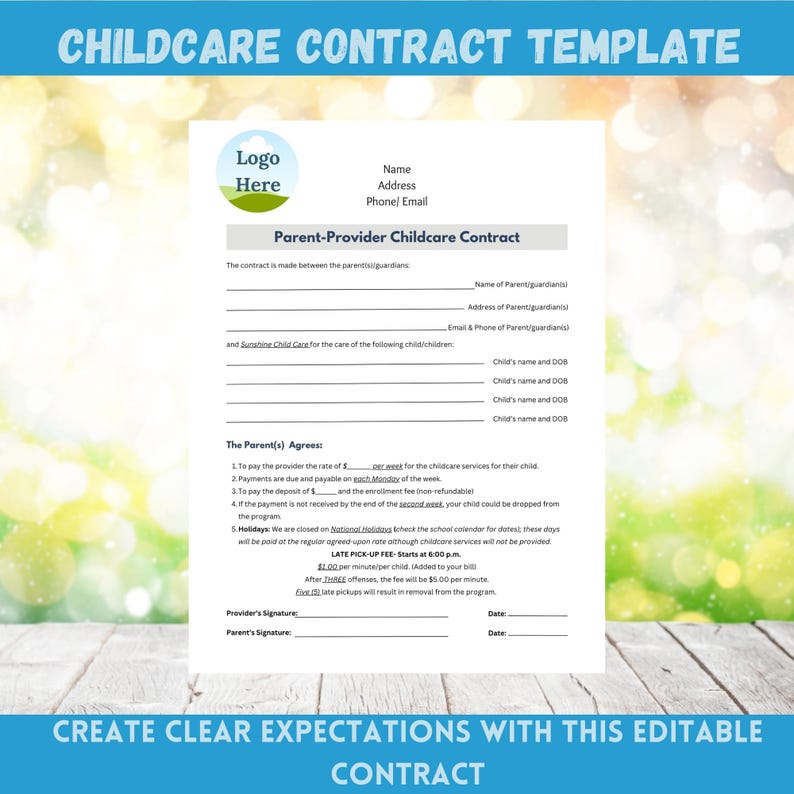 Editable Childcare Contract Template: Daycare, Nanny, Babysitter Forms ...
