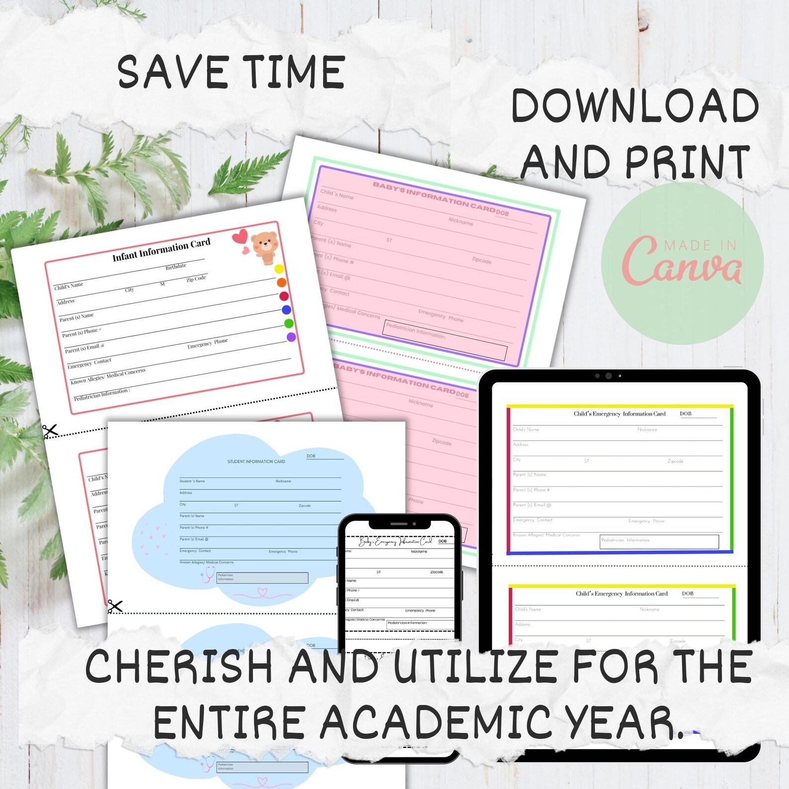 Infant Emergency Cards 6 Half-page Cards for Daycare & Parents Editable ...