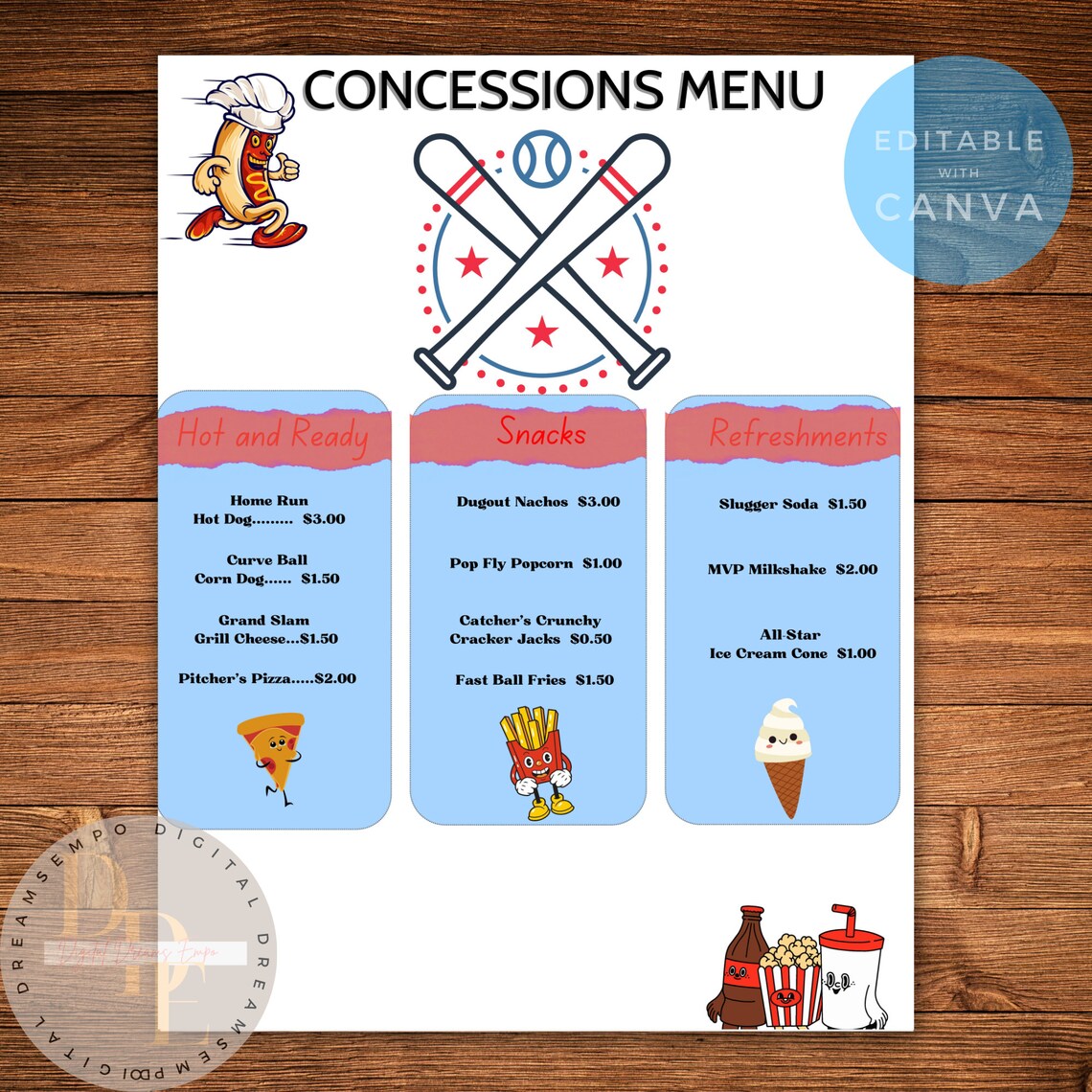 Editable Concession Stand Menu Canva Menu Template Vintage Baseball ...