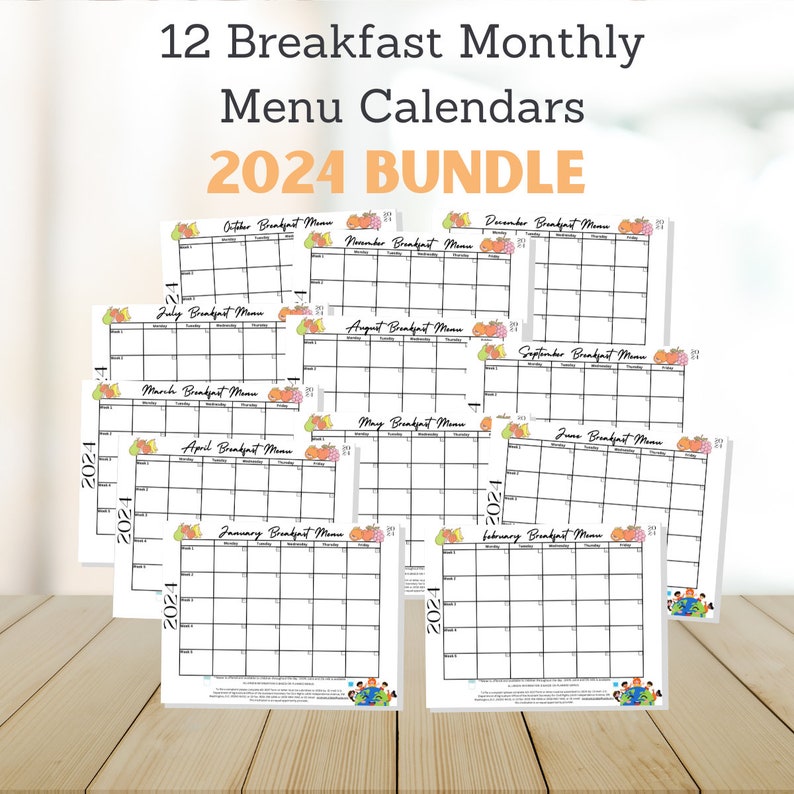 12-month Breakfast Childcare Menu Template Bundle Yearly Daycare Menu ...