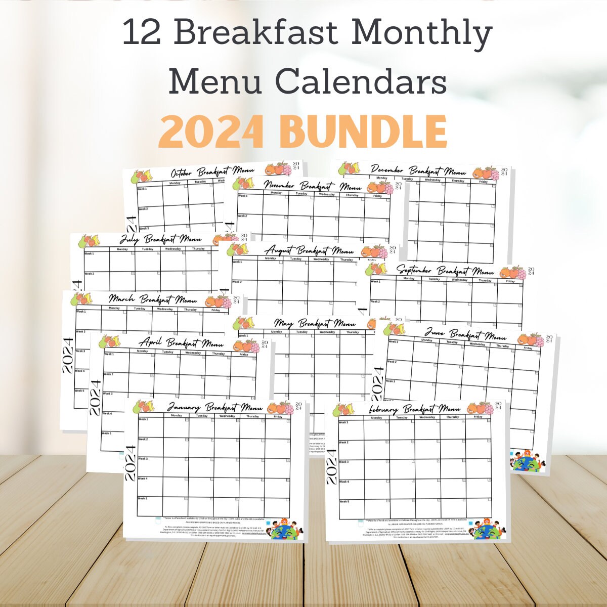 12-month Breakfast Childcare Menu Template Bundle Yearly Daycare Menu ...