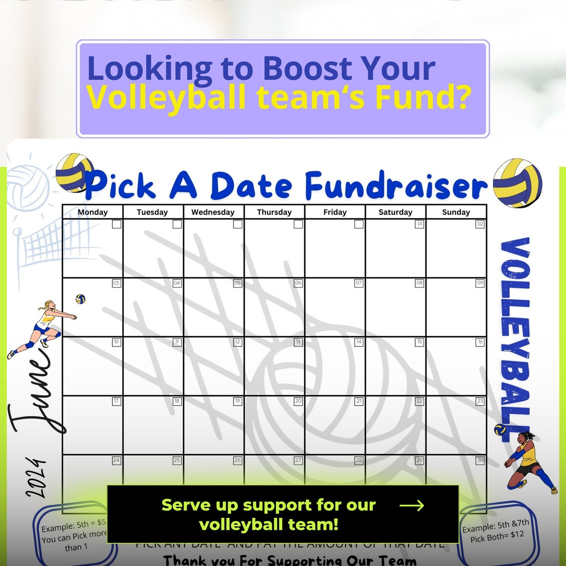 Volleyball Fundraiser Templatefundraiser Calendar Pick A Datemay, June ...