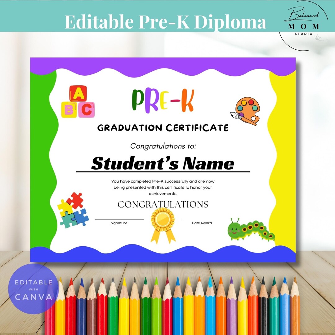 Editable Pre-k Graduation Diploma Template: Printable PDF (canva) - Etsy UK