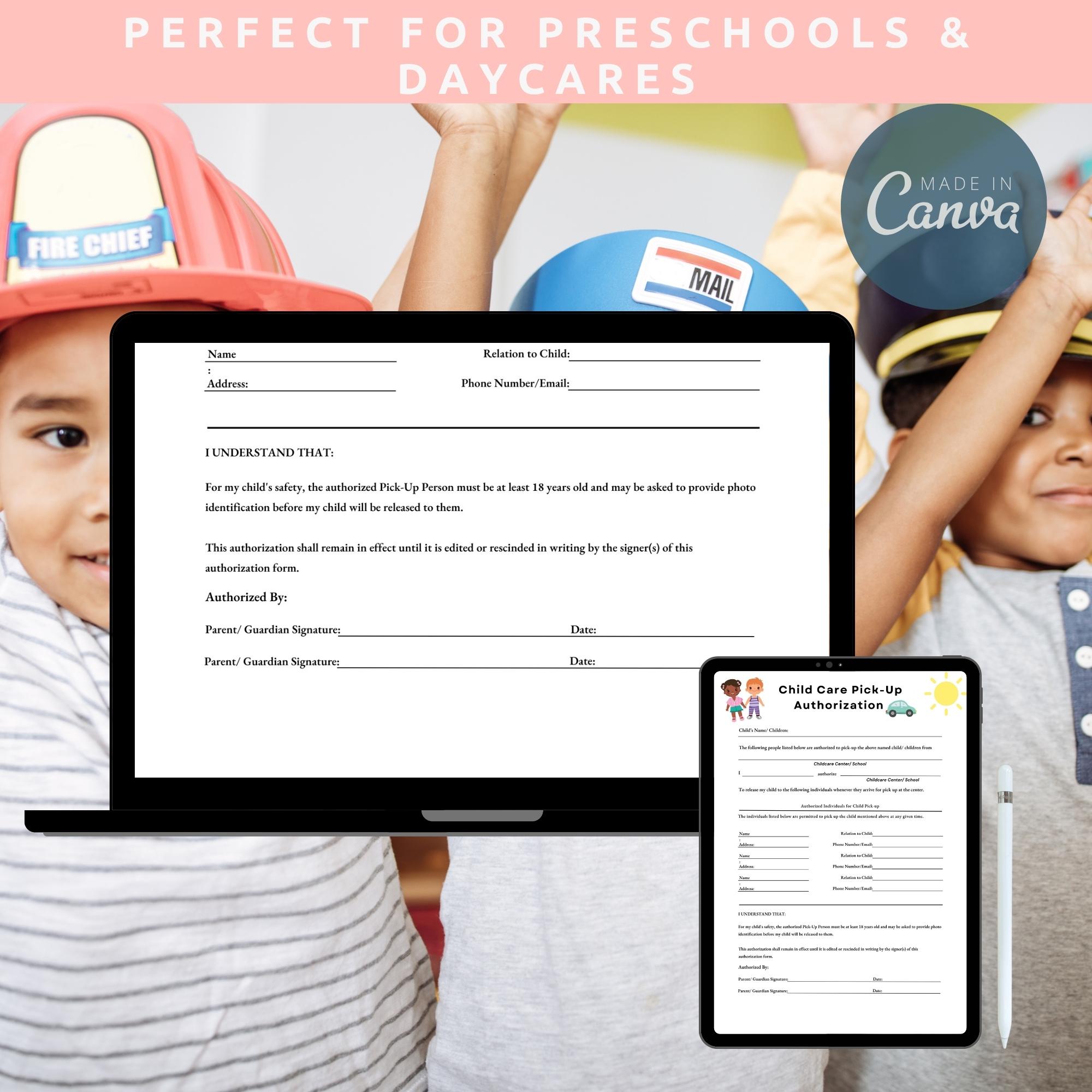 Childcare Pick-up Authorization Form: Editable Daycare Template (PDF ...