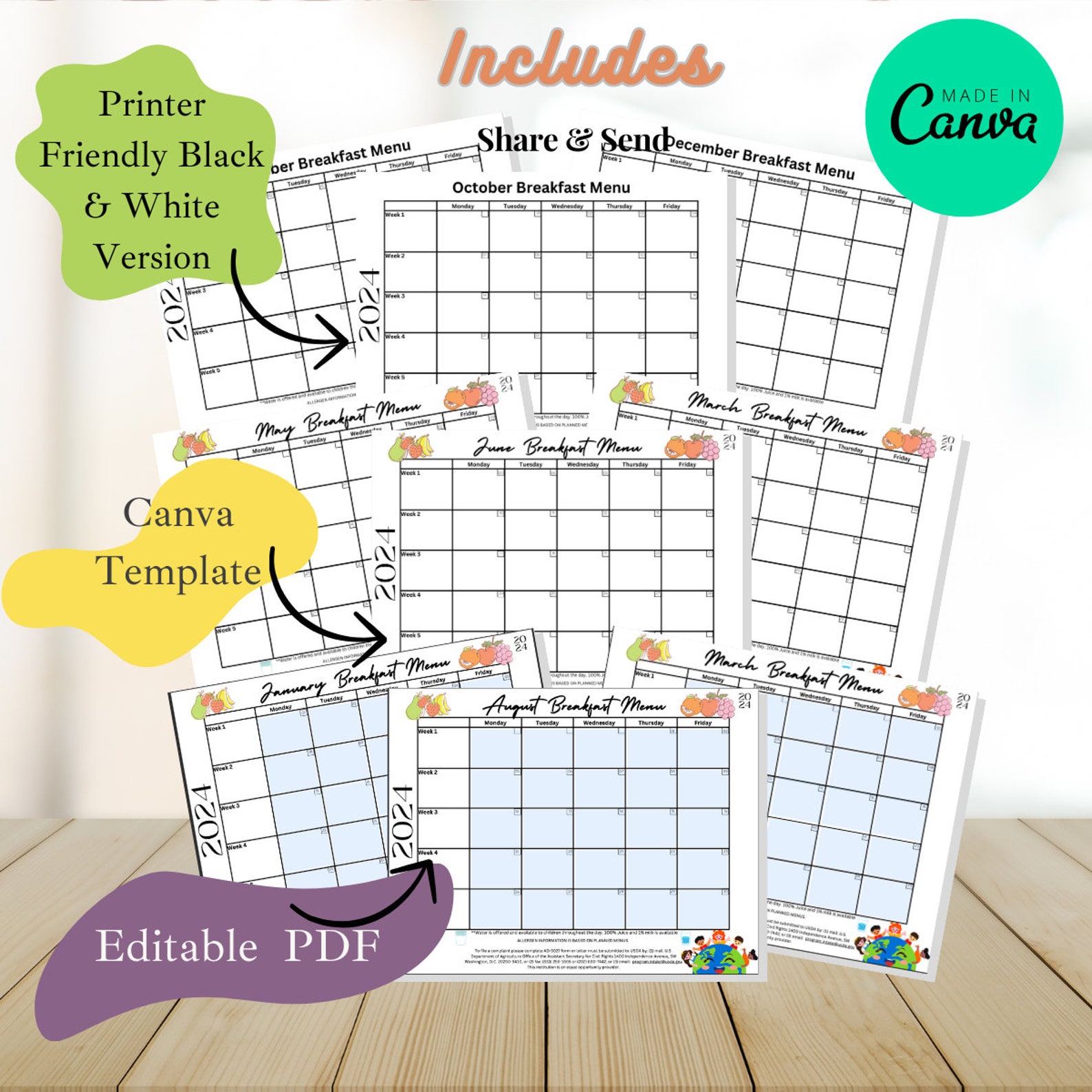 12-month Breakfast Childcare Menu Template Bundle Yearly Daycare Menu ...