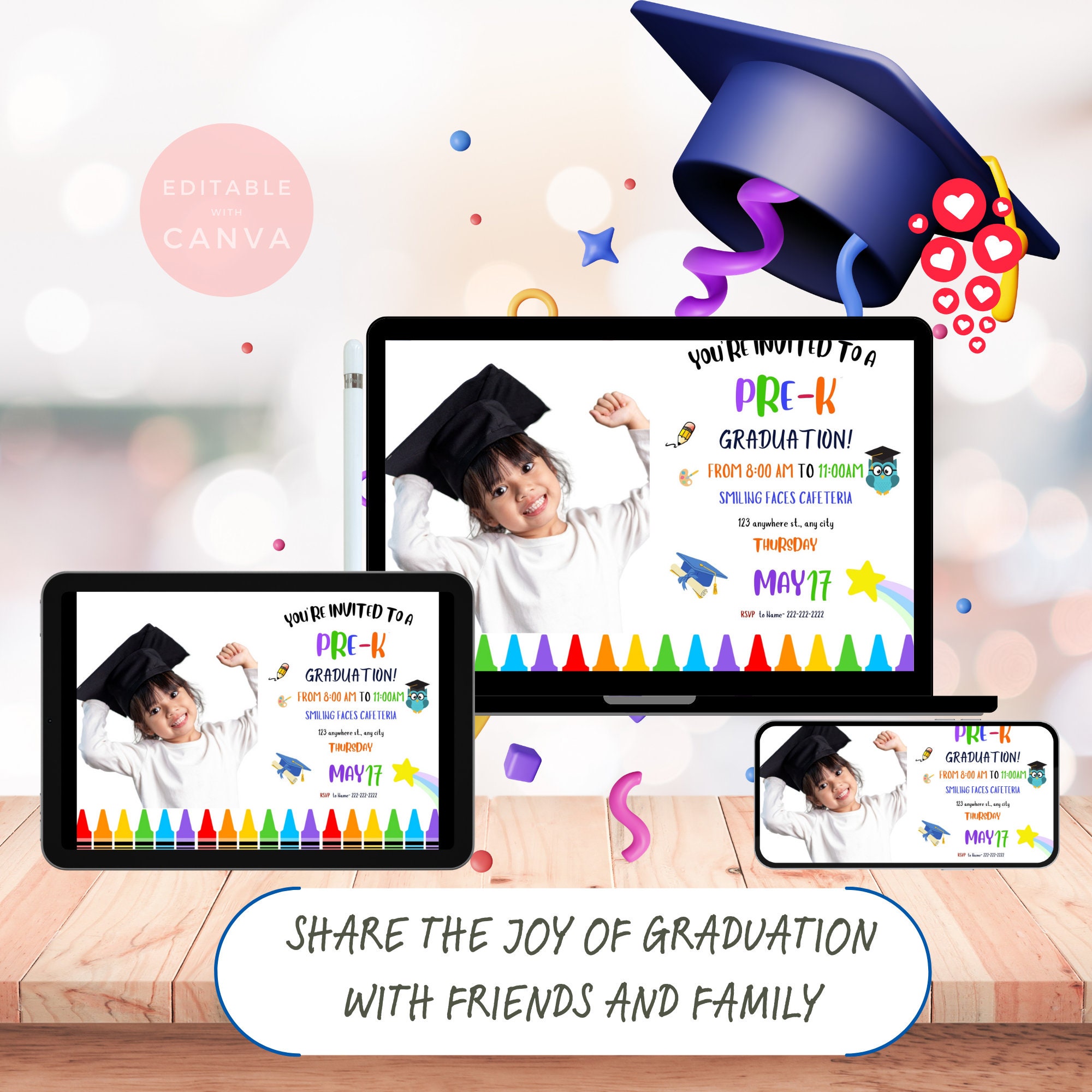 Kindergarten Graduation Photo Invitation Grad Announcement Editable ...