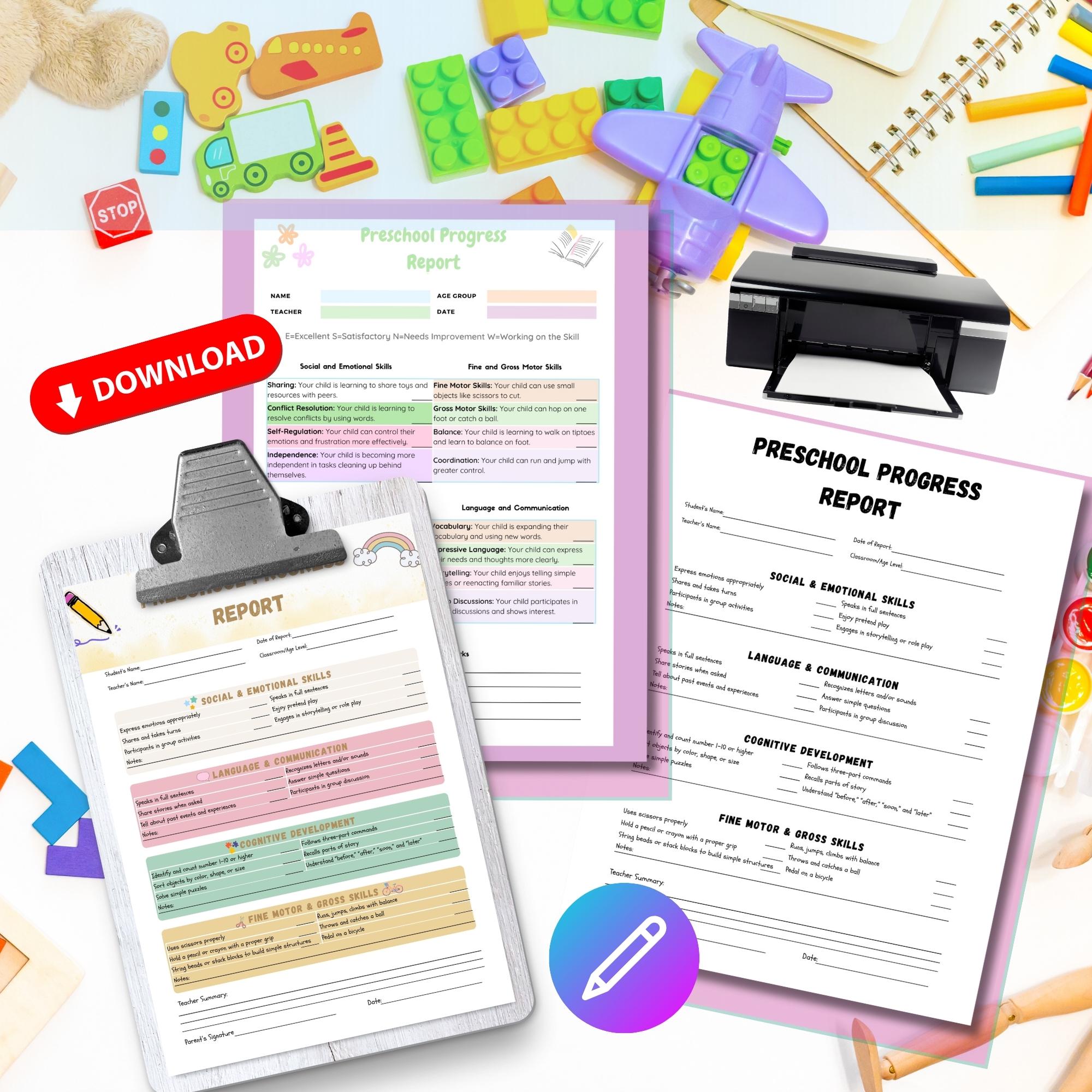 Printable Preschool Progress Report Bundle- Customizable Canva Template ...