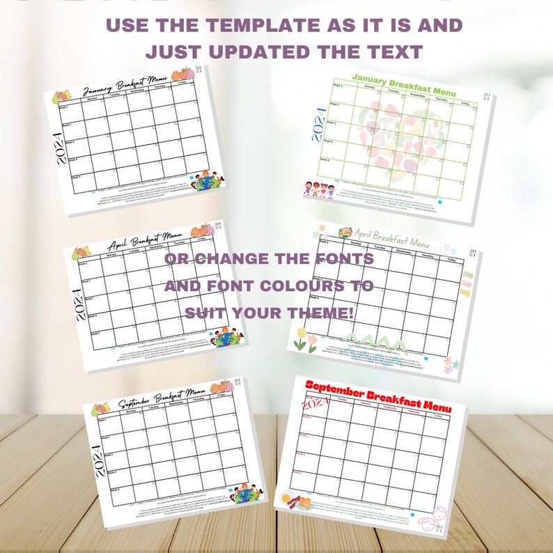 12-month Breakfast Childcare Menu Template Bundle Yearly Daycare Menu ...