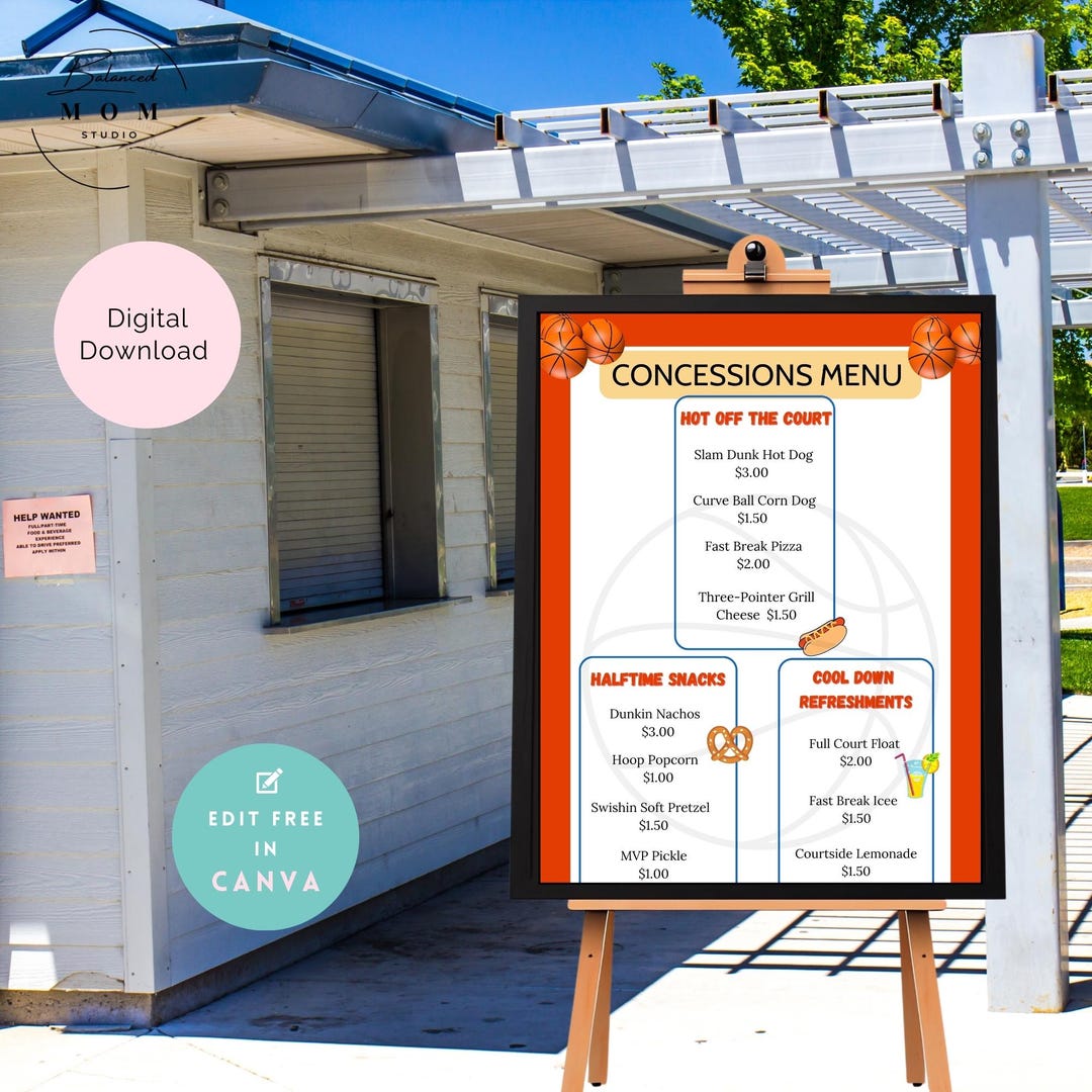 Basketball Concessions Menu Template: Editable Snack Stand Poster ...