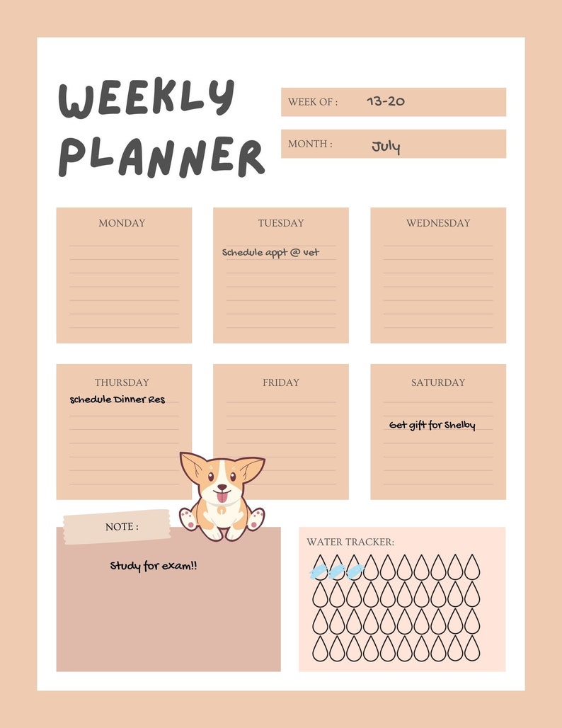2023 2024 Dog Planner 2024 Printable Weekly Planner, Cute Puppy ...