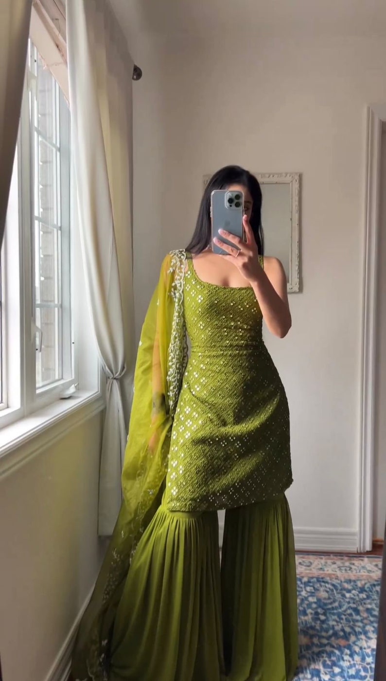 Green Sharara Kurta With Dupatta set of 3 for - Etsy