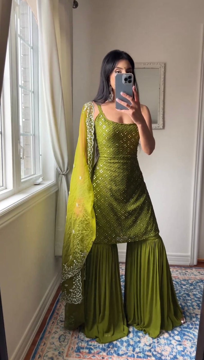 Green Sharara Kurta With Dupatta set of 3 for - Etsy