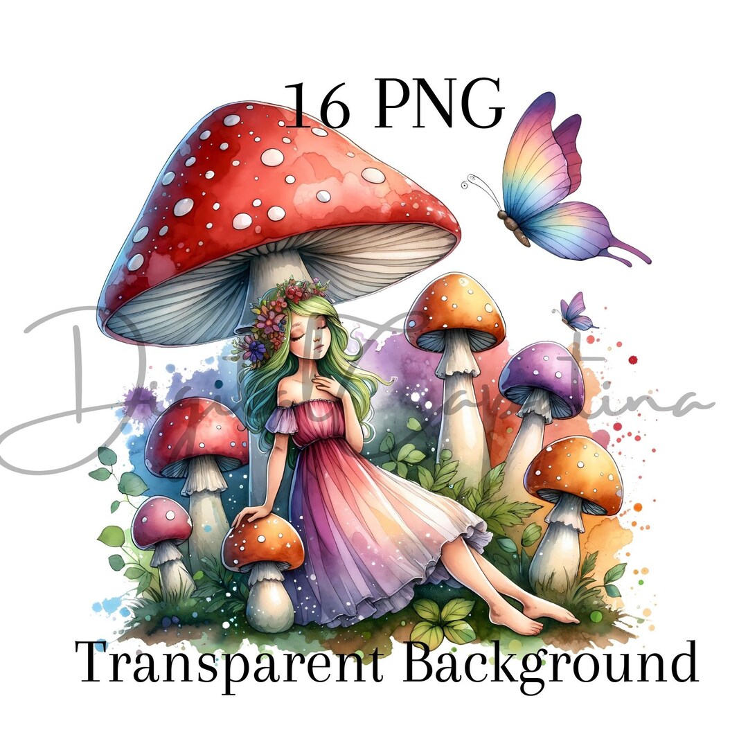 Dreaming Mushroom Fairy Clipart 16 PNG Digital Download Mixed Media ...