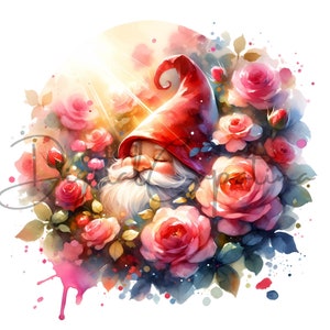 Watercolor Rose Gnome Clipart 16 PNG Spring Clipart Flower Gnome ...