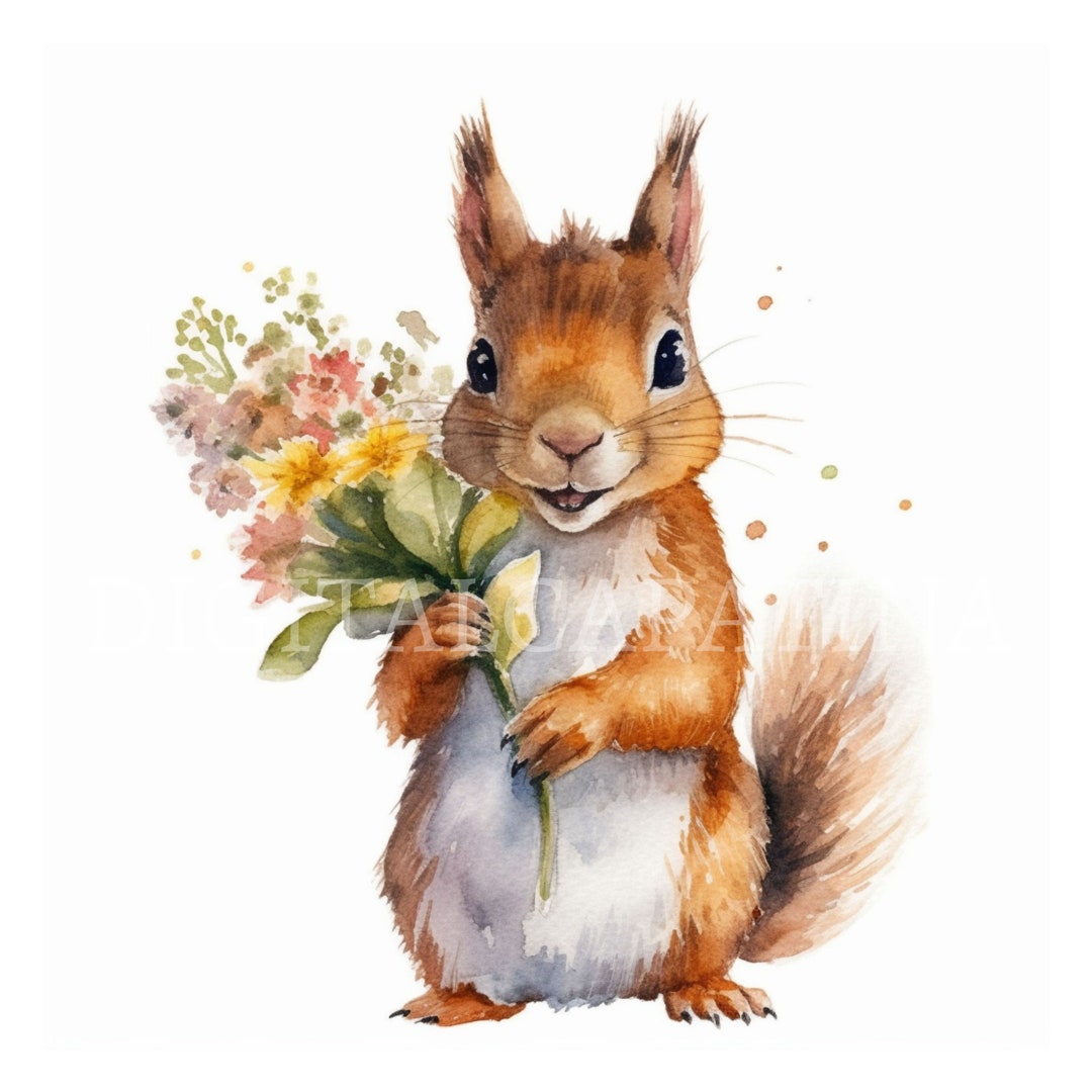 Happy Squirrel With Flowers Clipart 10 High Quality Jpgs - Etsy